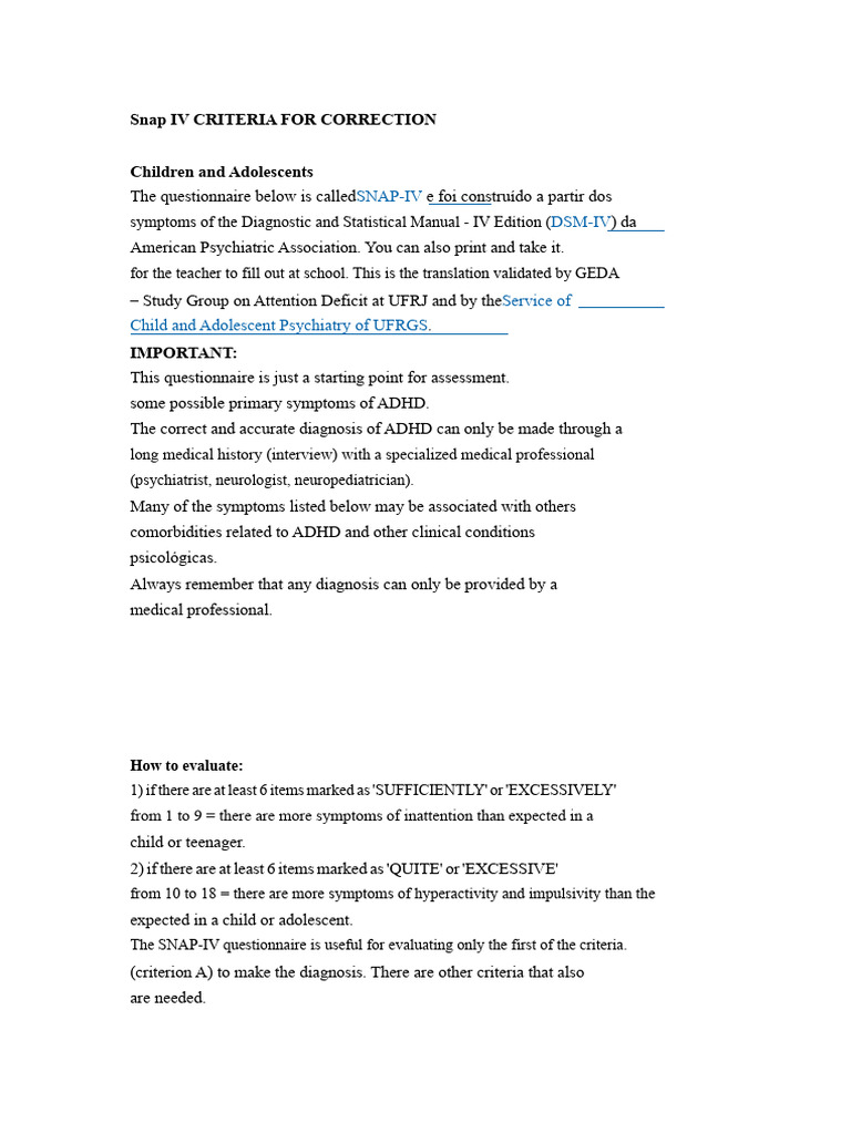 SNAP-IV ADHD Assessment Criteria | PDF