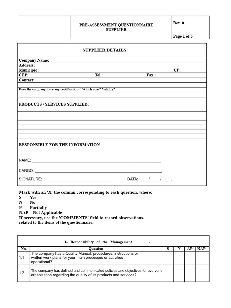 Supplier Evaluation Questionnaire | PDF | Quality Management System ...
