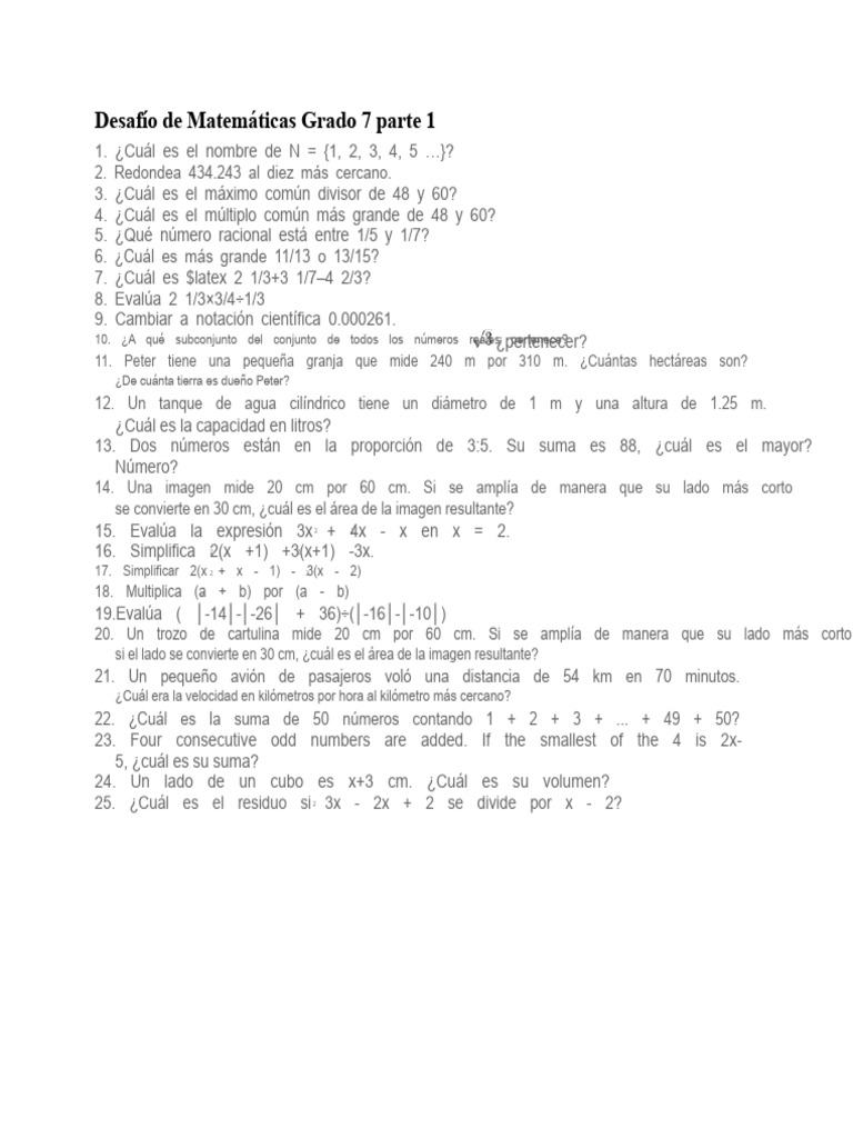 Desafío de Matemáticas para Séptimo Grado | PDF | Número Real | Matemáticas