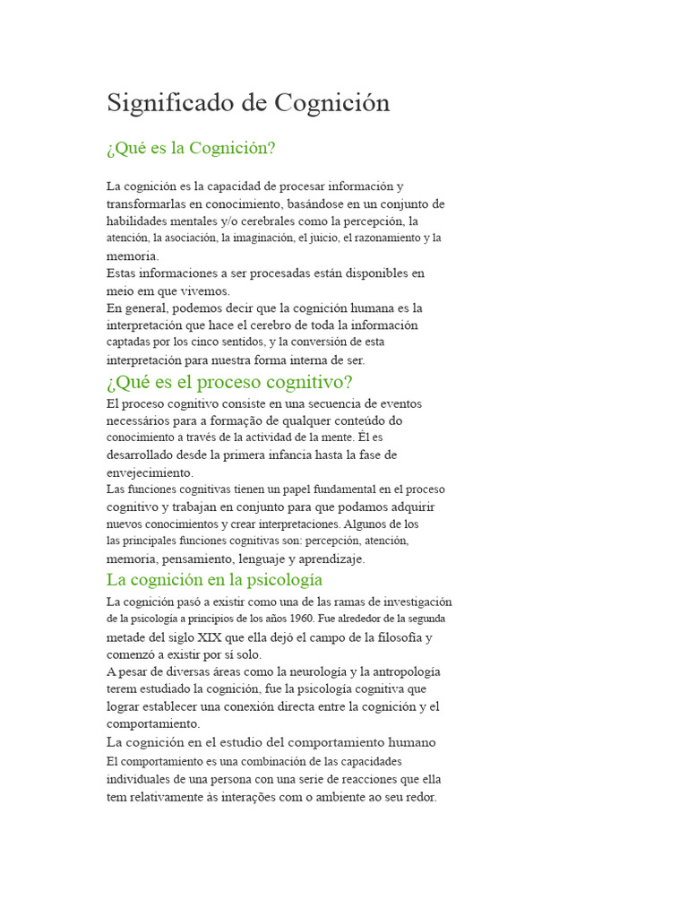 Definición y Proceso de Cognición | PDF | Cognición | Aprendizaje