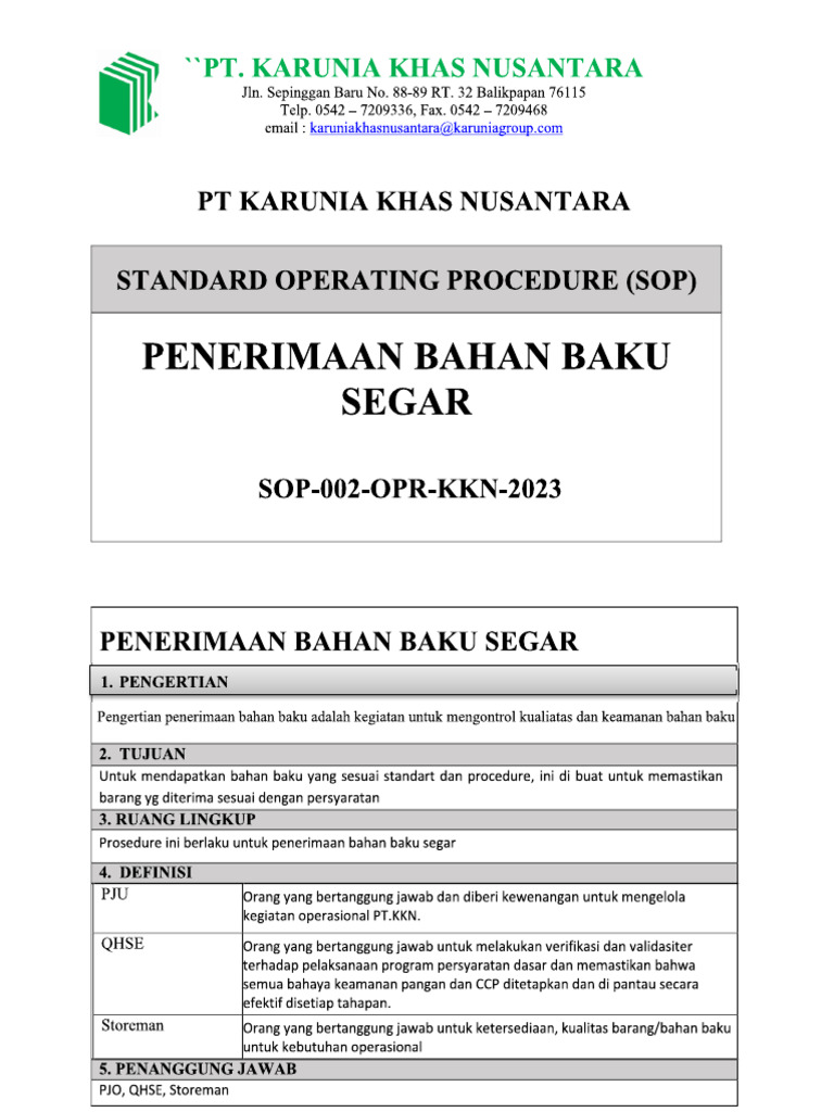Sop 002 Penerimaan Bahan Baku Segar | PDF