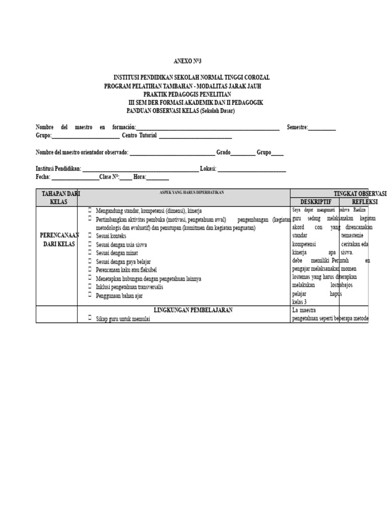 Panduan Observasi Kelas SD Corozal | PDF
