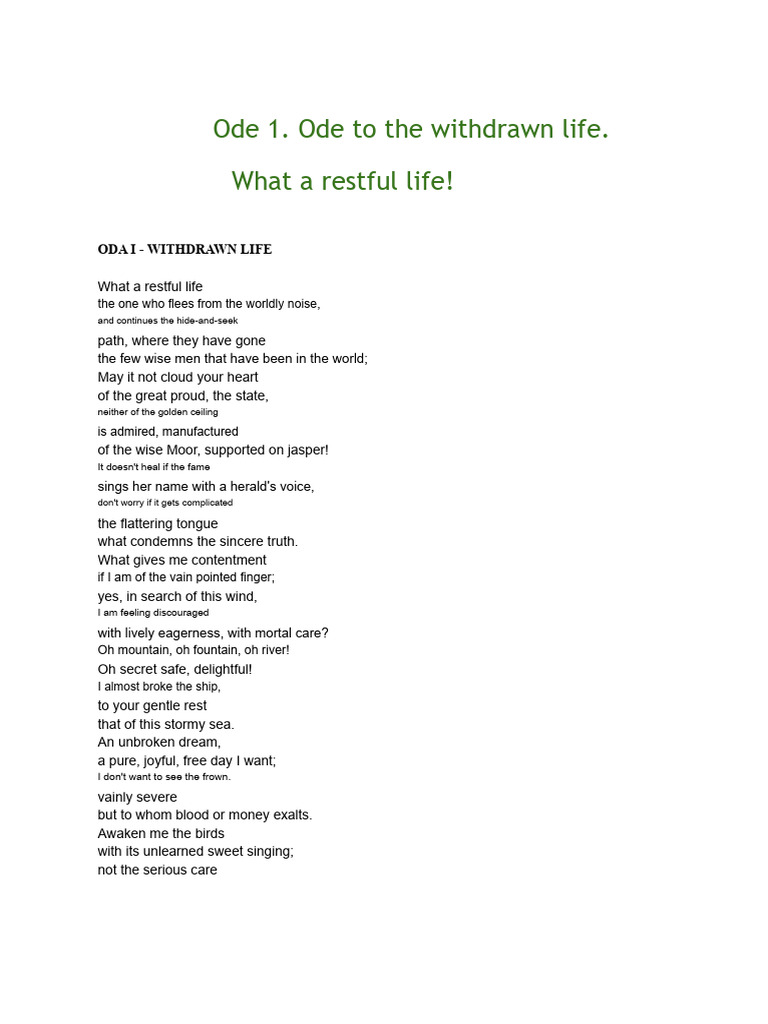 Ode 1. Ode To The Retired Life. What A Restful Life! | PDF | Poetry