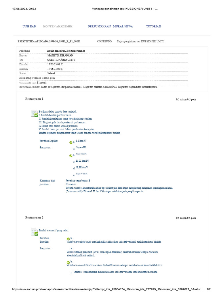 Kuesioner Unit I: Statistik Terapan | PDF