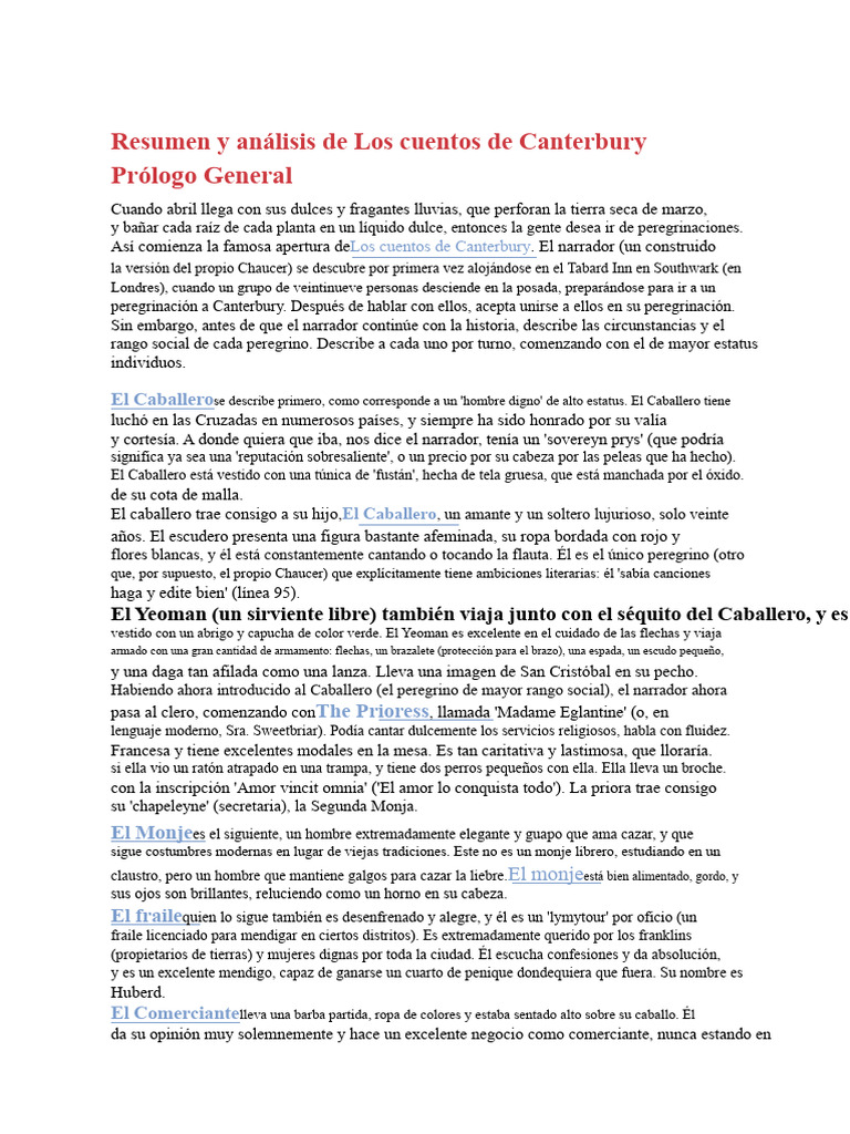 Análisis de personajes en Los cuentos de Canterbury | PDF | Los cuentos ...