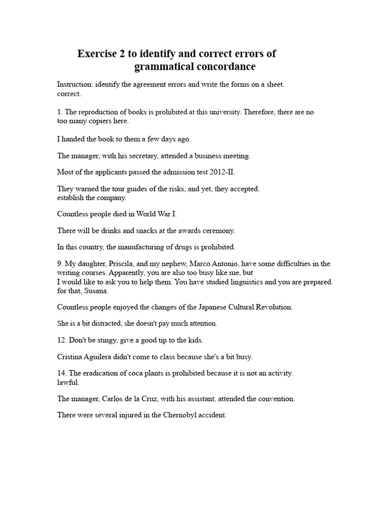 Exercise 2 To Identify and Correct Grammatical Agreement Errors. | PDF ...