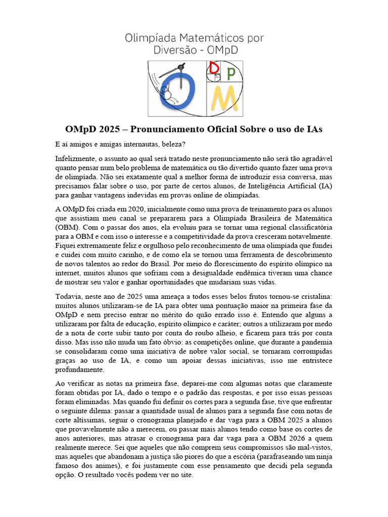 OMpD 2025 - Pronunciamento Sobre Uso de IAs | PDF | Inteligência ...