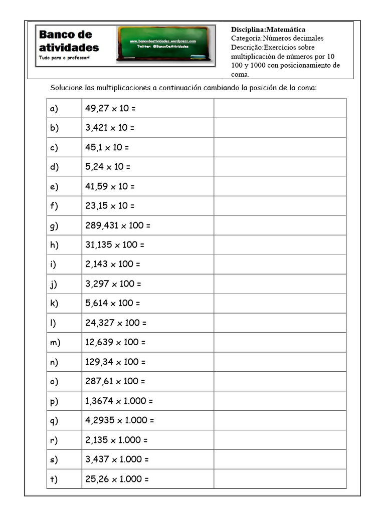 Multiplicación de Decimales Por 10, 100, 1000 | PDF