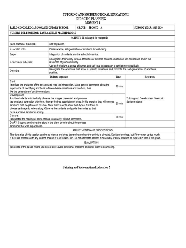 Socio-Emotional Planning For Secondary Education | PDF | Emotions | Thought