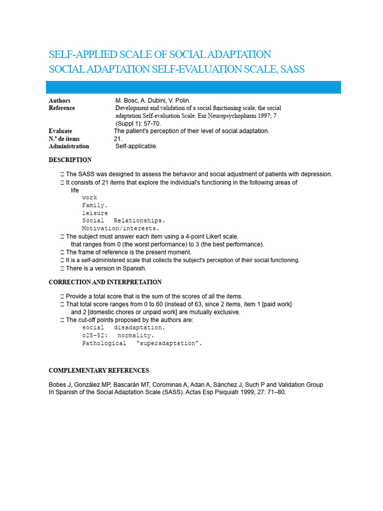 Social Adaptation Self-Evaluation Scale | PDF