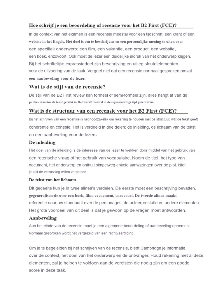 Hoe Schrijf Je Een Recensie of Review Voor de B2 First? | PDF
