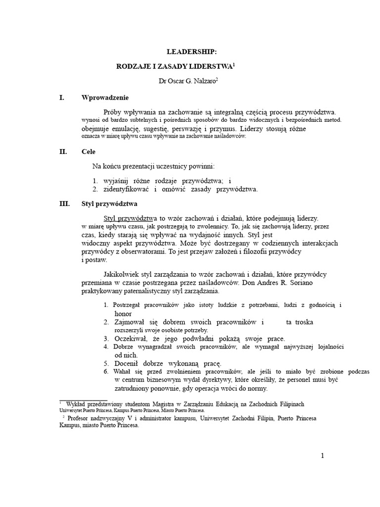 Typy i zasady przywództwa | PDF