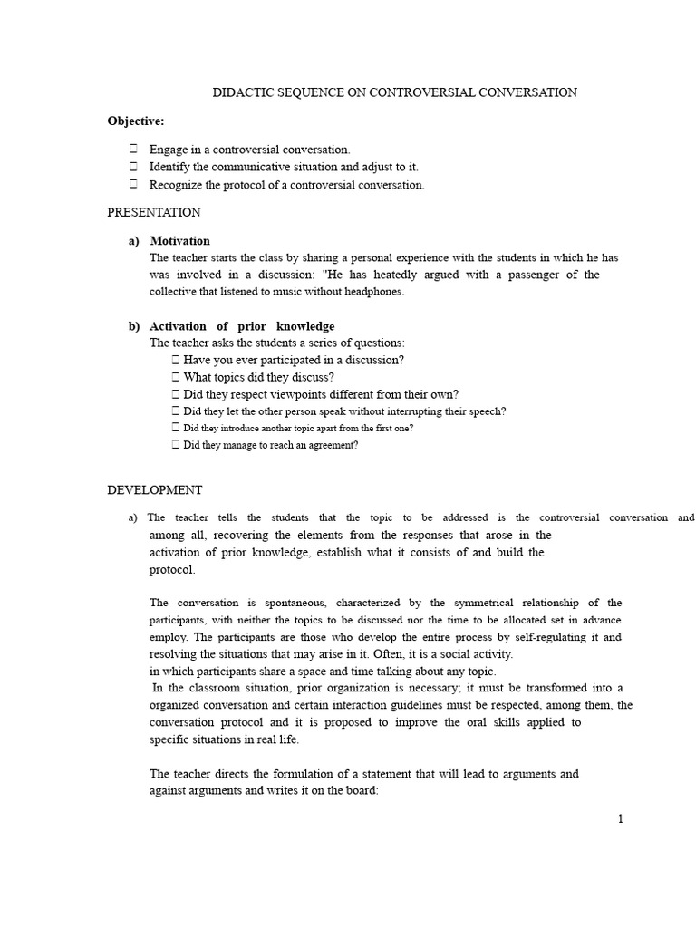Didactic Sequence On Controversial Conversation | PDF | Conversation ...