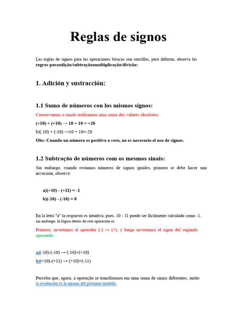 1.reglas de Signos | PDF | Sustracción | Multiplicación