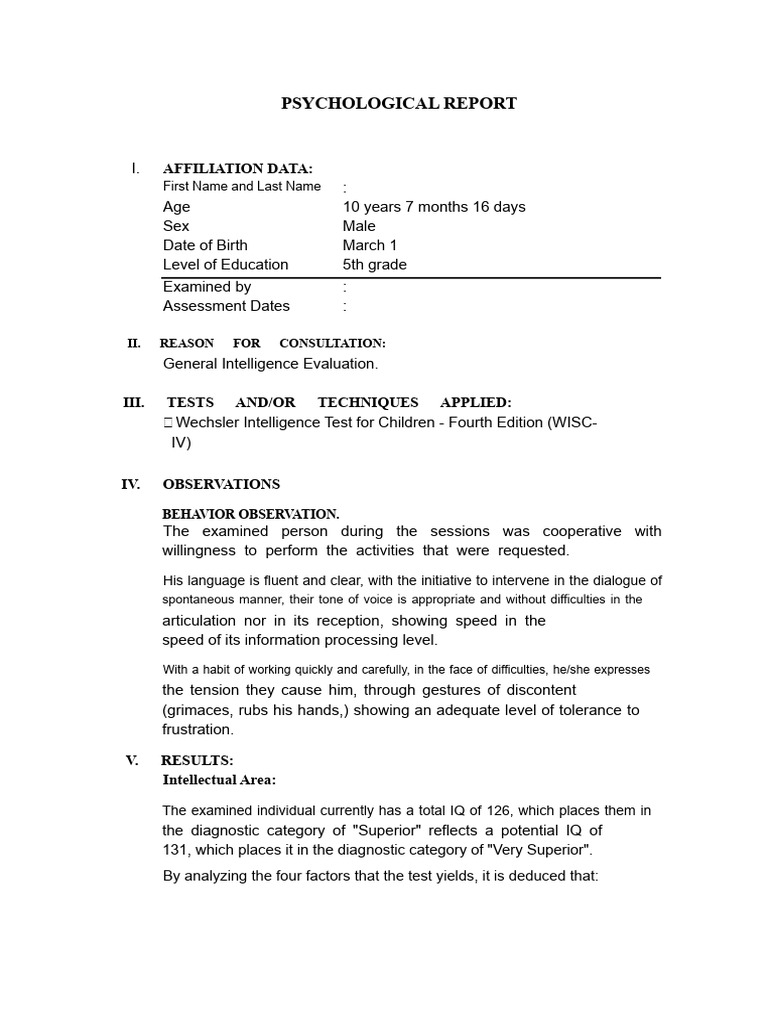 Wisc IV Report | PDF | Wechsler Adult Intelligence Scale | Intelligence ...