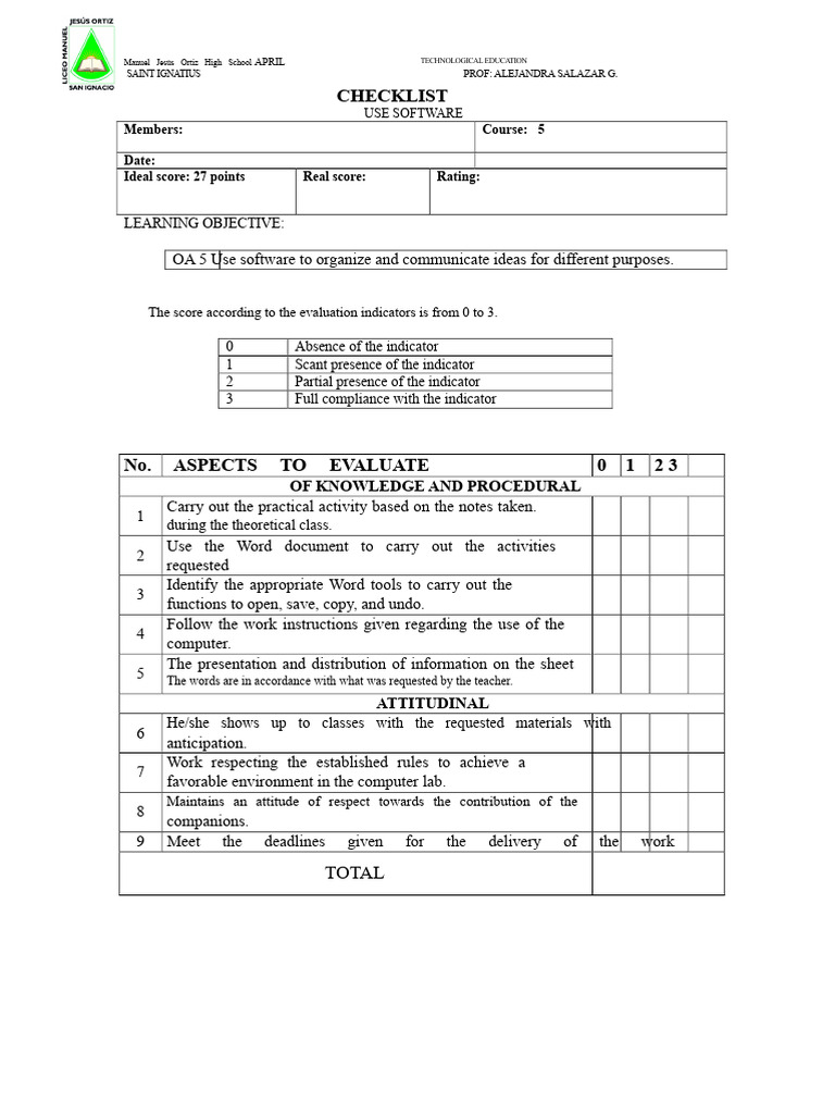 Software Use Checklist for Students | PDF