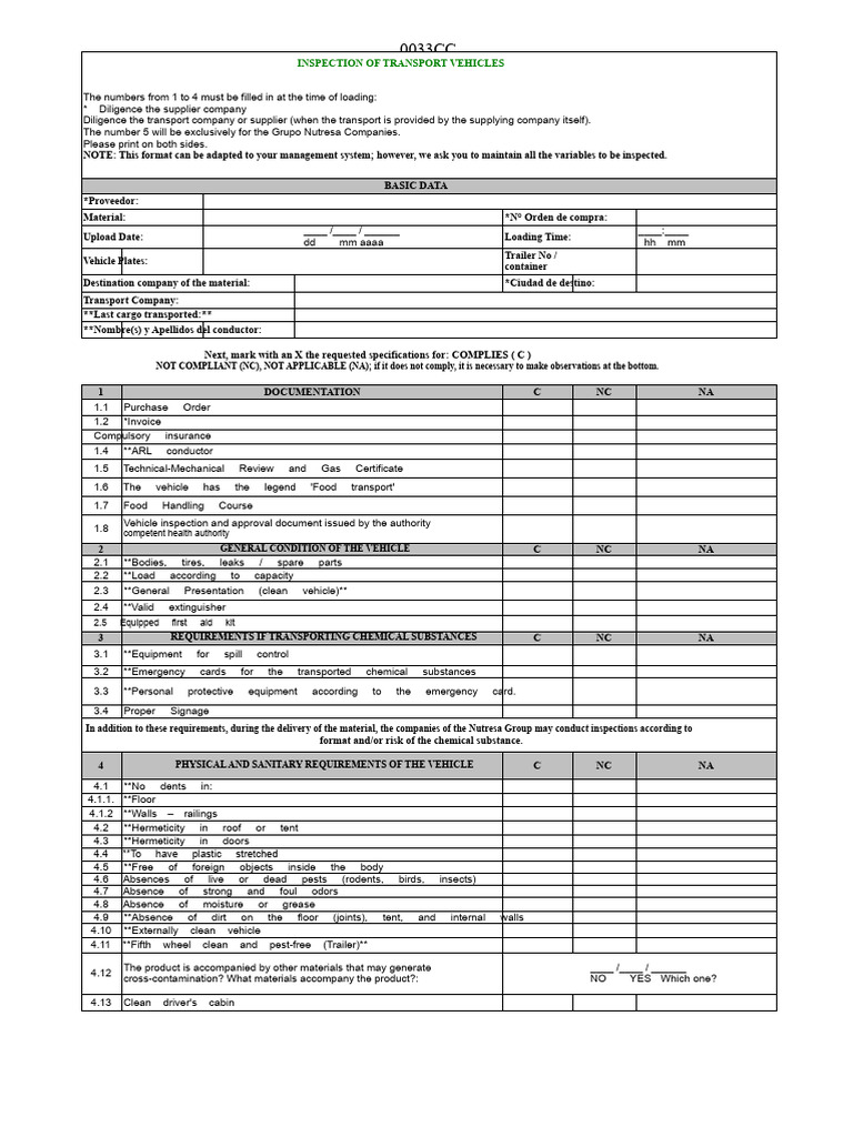 Vehicle Inspection Format For Transporters Group Nutresa | PDF