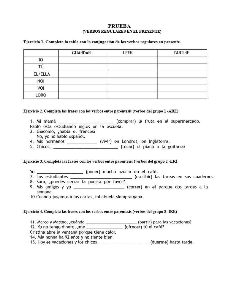 Ejercicios de Verbos Regulares en Presente | PDF