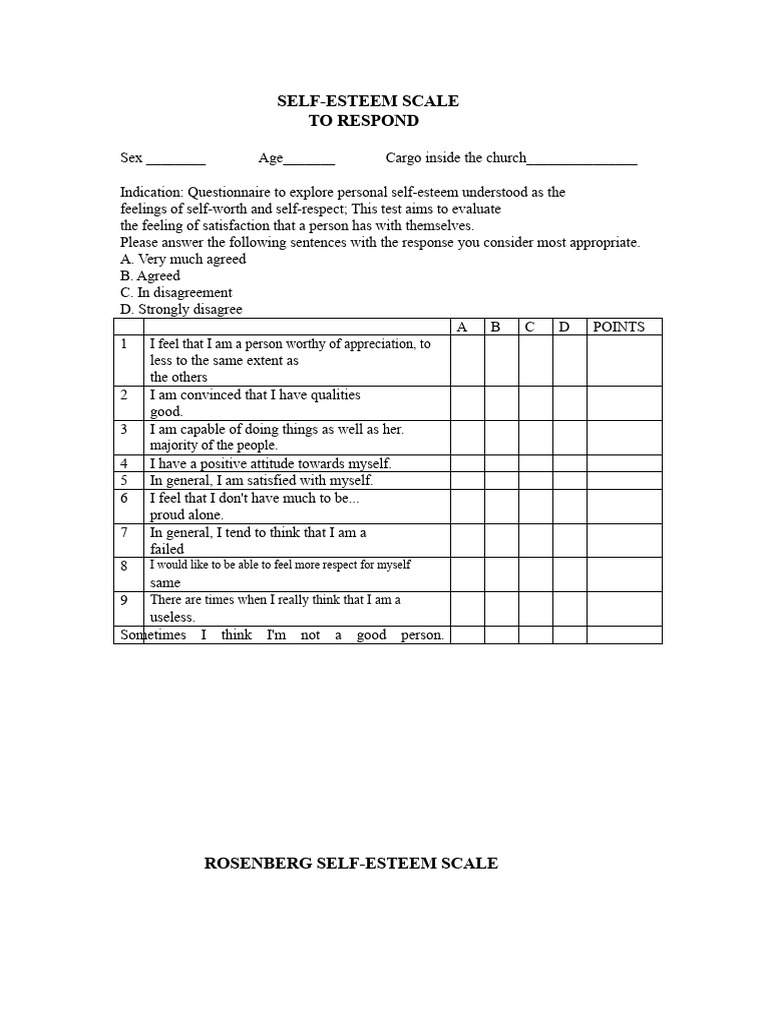 Rosenberg Self-Esteem Scale Questionnaire | PDF | Self Esteem | Popular ...