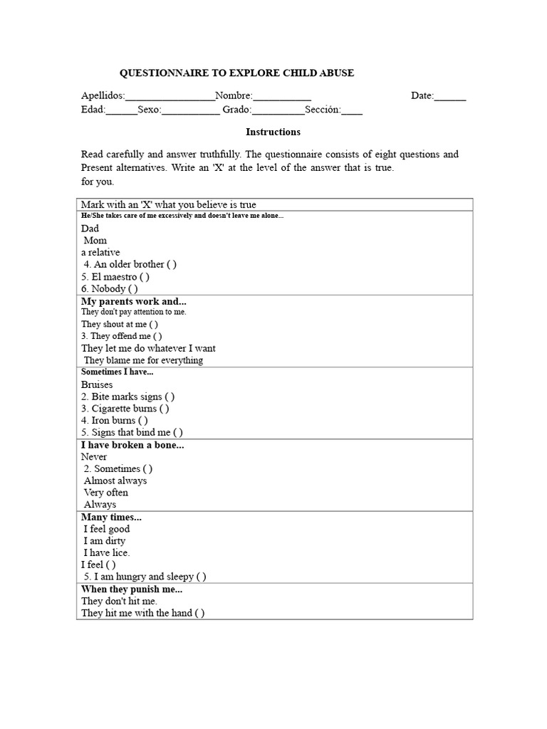 Questionnaire To Explore Child Abuse | PDF