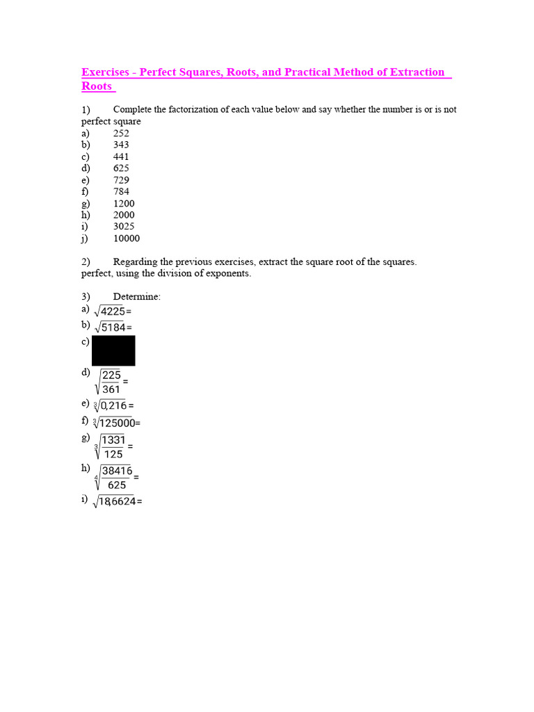 2 - 4 - Exercises - Perfect Squares, Roots, Method | PDF