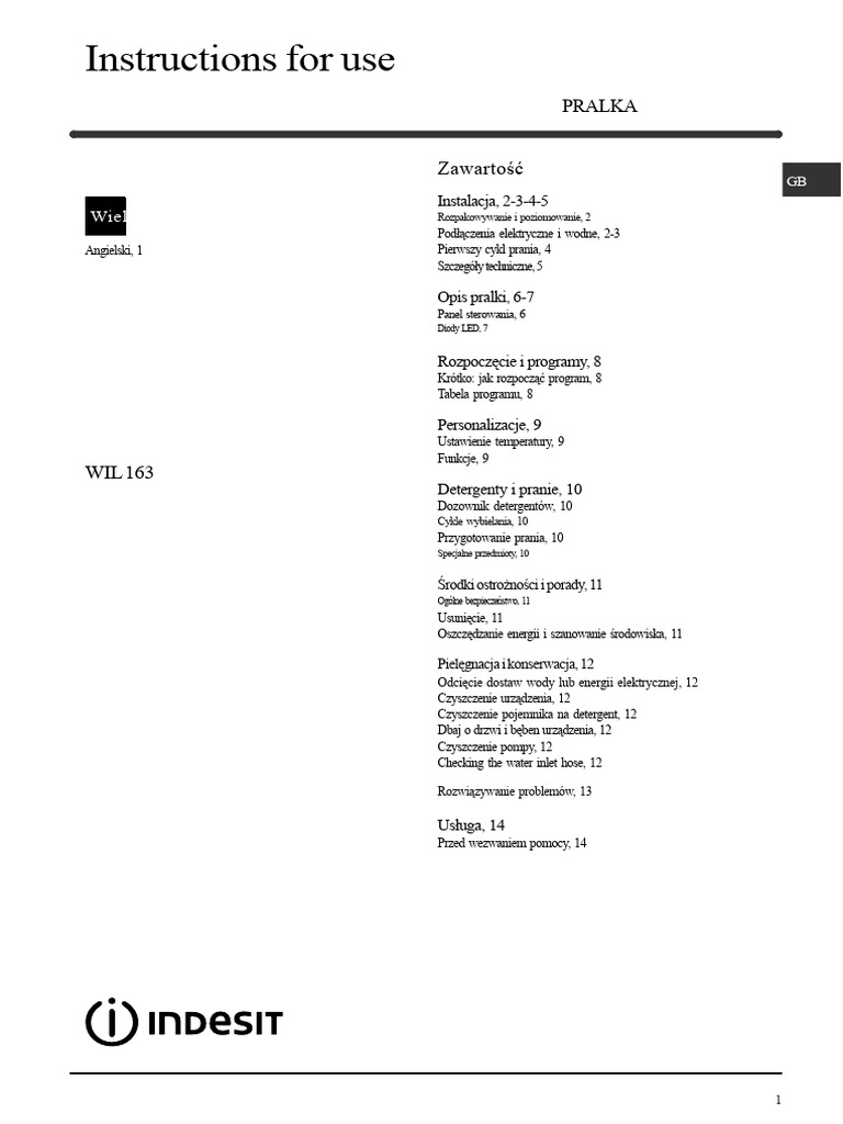 Ręczna Pralka Indesit Wil165x | PDF