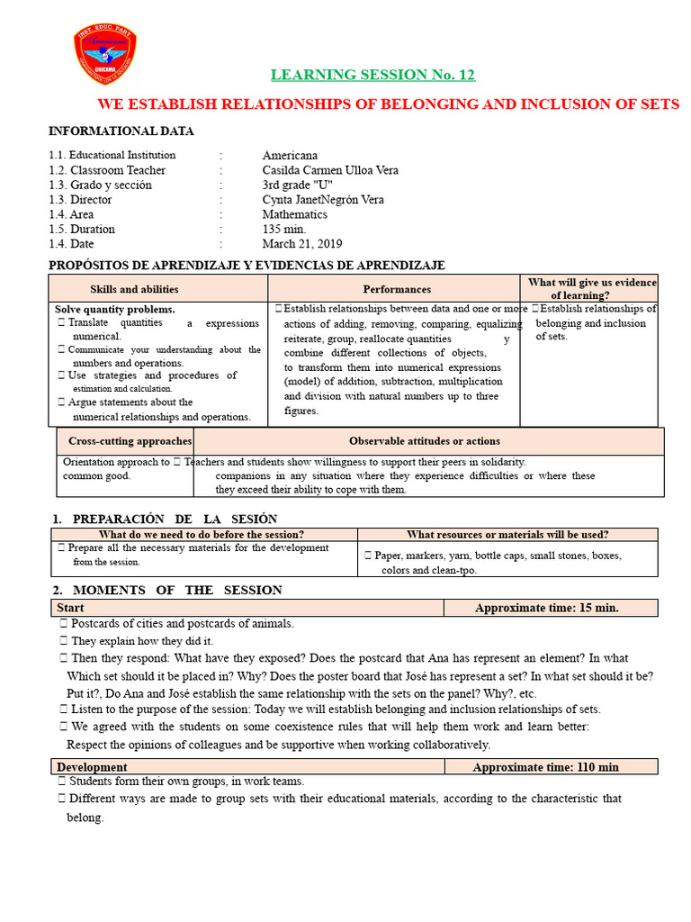 Belonging and Inclusion in Sets Lesson | PDF | Teachers | Mathematics