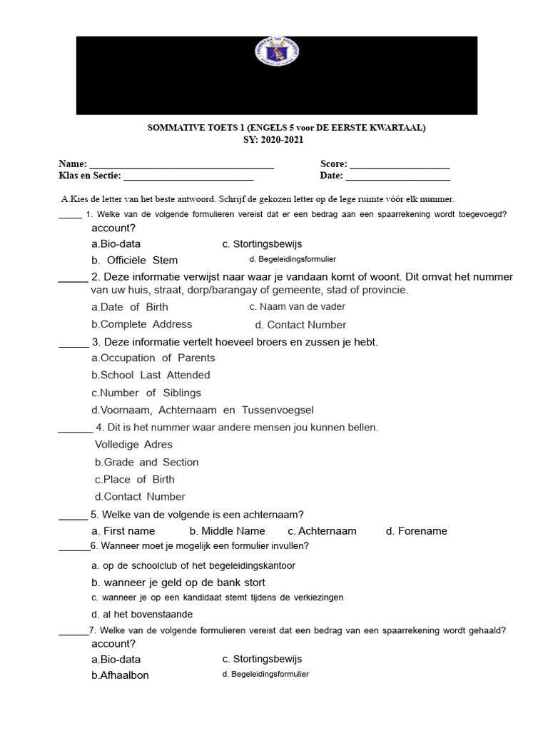 Summatieve Toets Engels 5 1ste Kwartaal | PDF