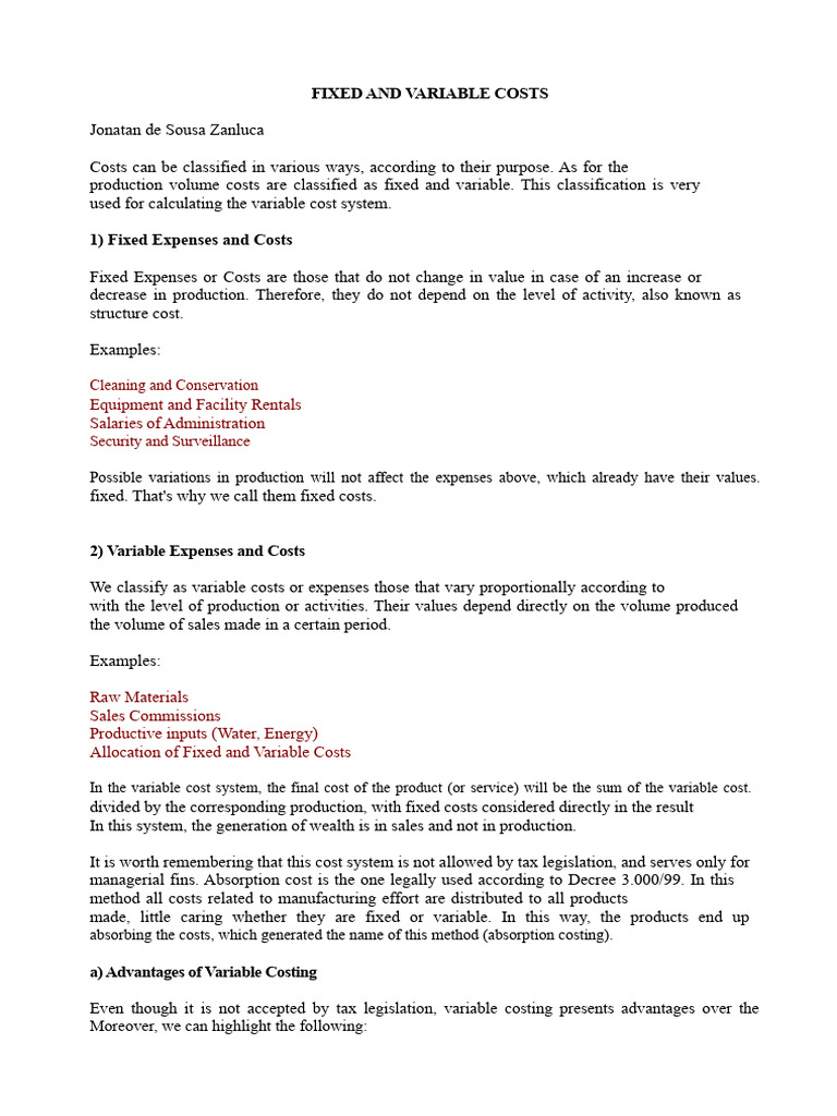 Fixed and Variable Costs | PDF