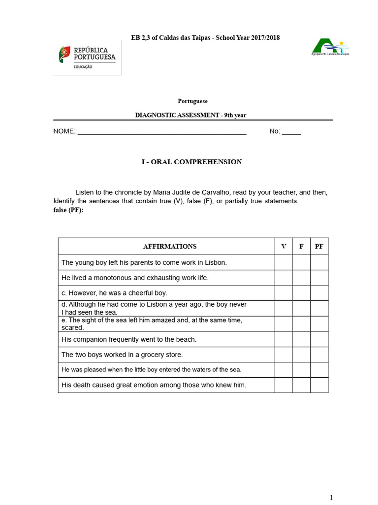 Diagnostic Assessment for 9th Year Portuguese | PDF | Portugal ...
