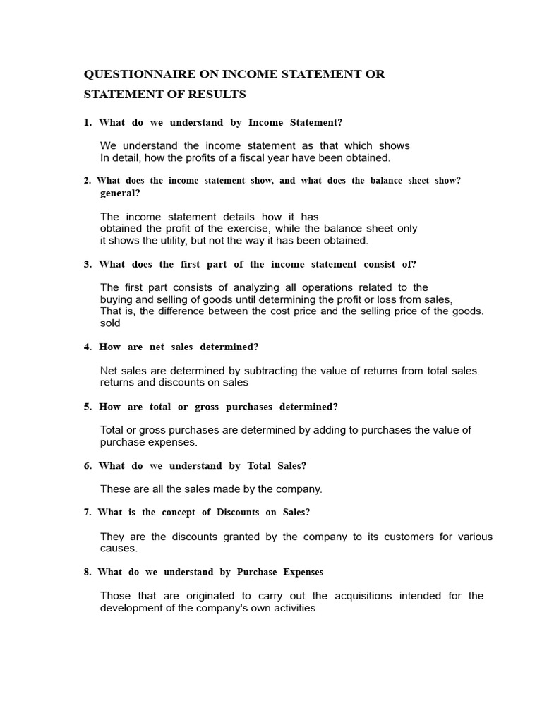 Questionnaire On The Income Statement or Statement of Results | PDF ...