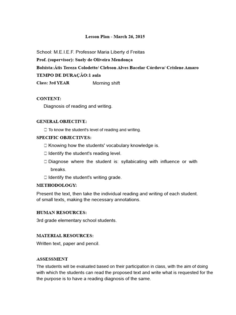 Lesson Plan - Reading and Writing Activity | PDF