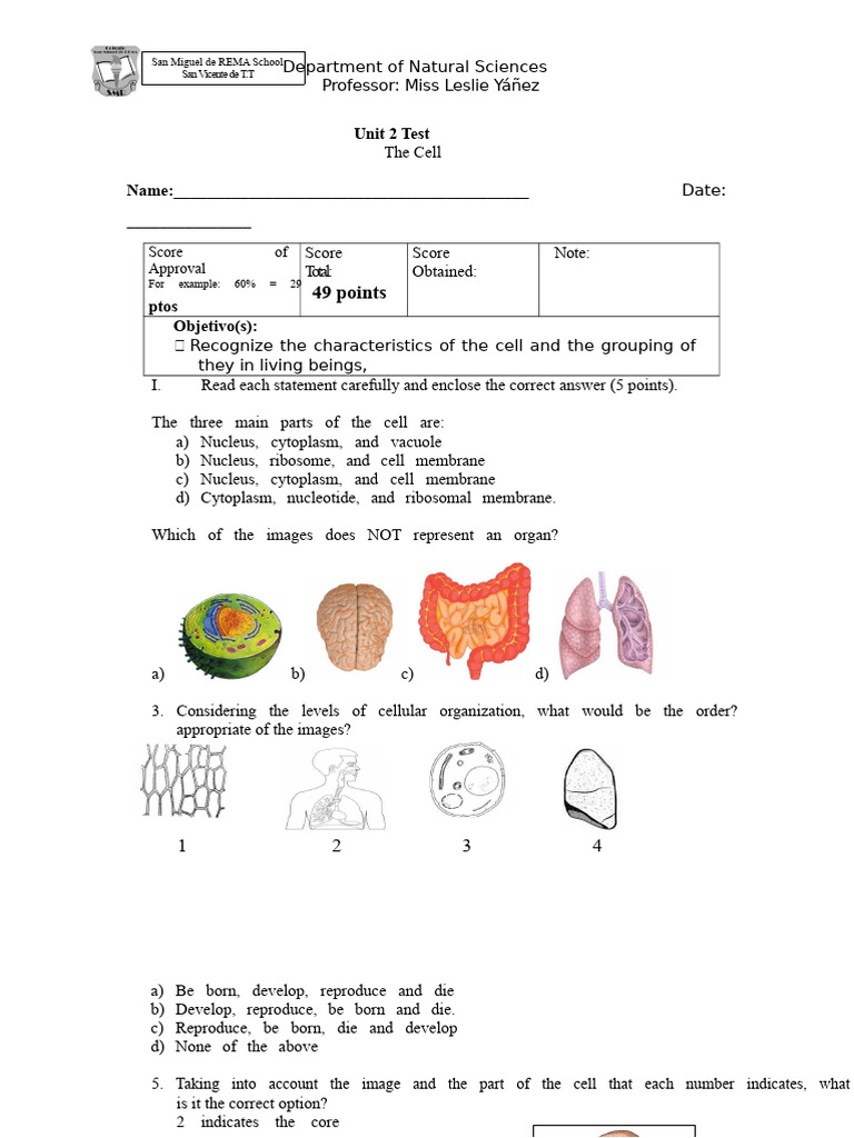 Test Unit 2 The Cell 5 | PDF | Cell (Biology) | Cytoplasm