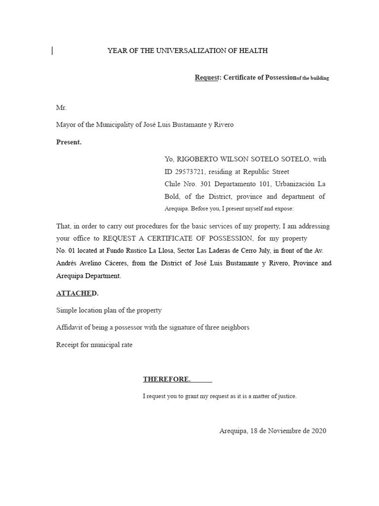 Certificate of Possession Request Template | PDF