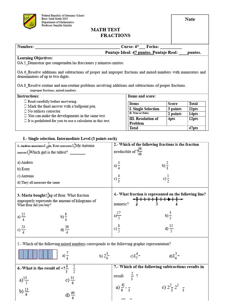 Sixth Grade Math Test on Fractions | PDF | Numbers | Number Theory