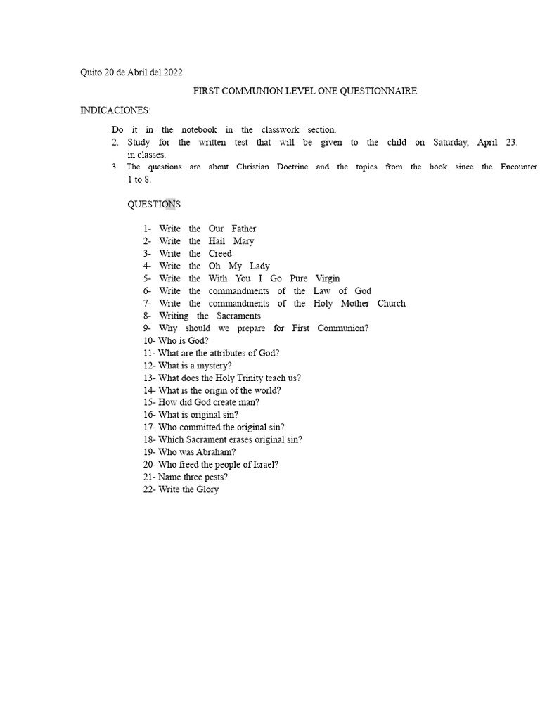 First Communion Level One Questionnaire | PDF