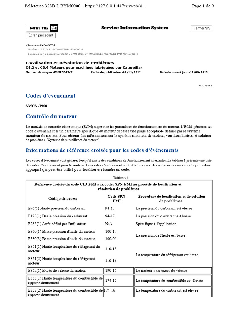 Codes d'événements pour Excavateur 323D L | PDF