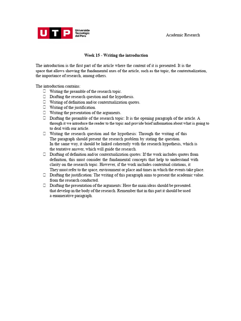 Week 15 - Writing The Introduction | PDF