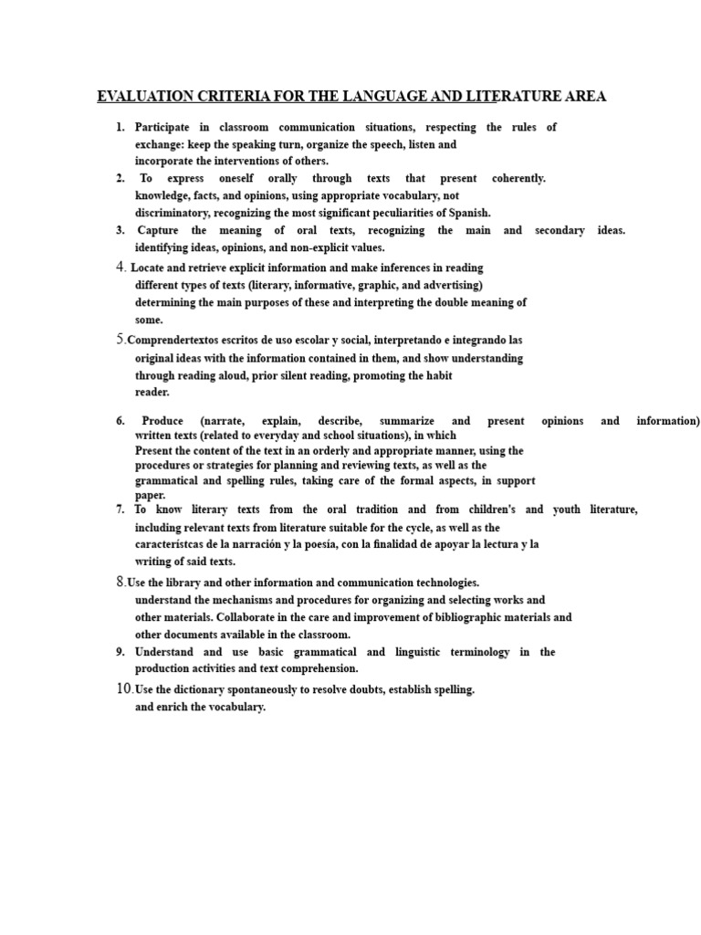 Language and Literature Evaluation Criteria | PDF