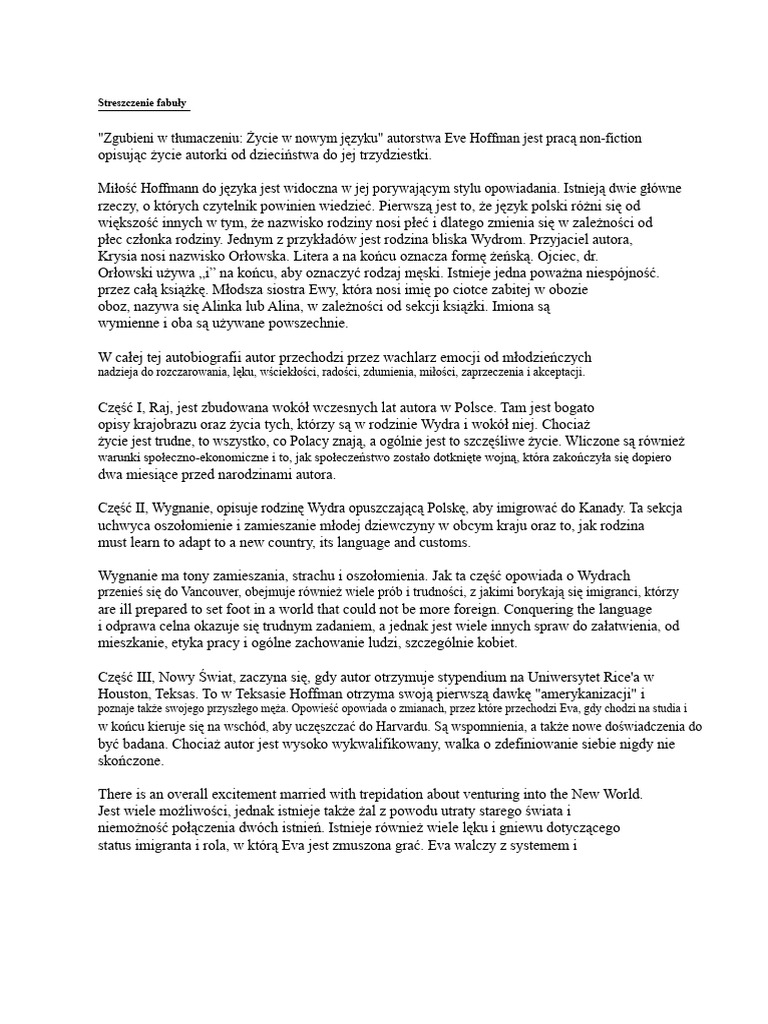 Eva Hoffman - Zgubiona W Tłumaczeniu | PDF