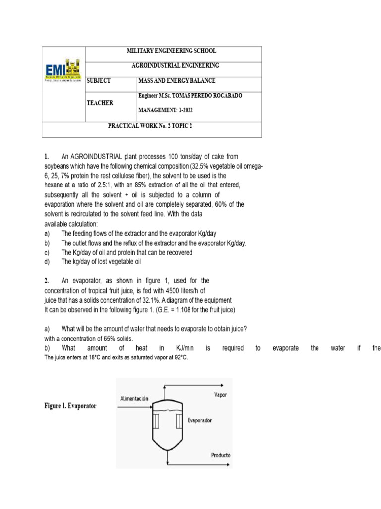 Practice N°2 Mass and Energy Balance 001 | PDF | Distillation | Soybean