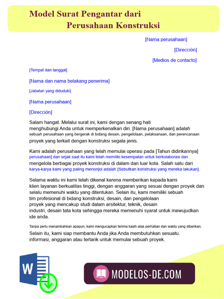 Model Surat Presentasi Perusahaan Konstruksi | PDF
