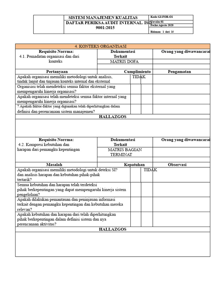 Daftar Periksa Audit Internal ISO 9001:2015 | PDF
