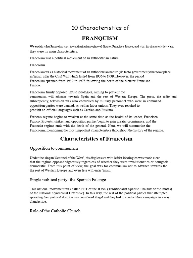 10 Characteristics of Francoism | PDF | Francoist Spain | Francisco Franco