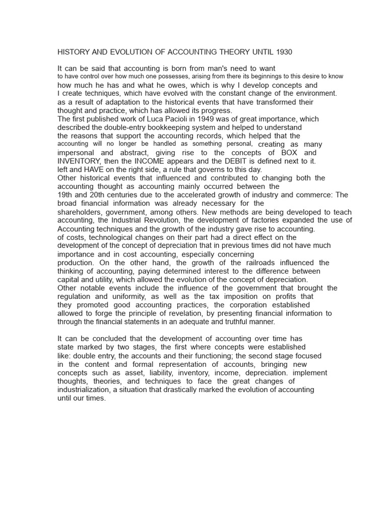 History and Evolution of Accounting Theory Until 1930 | PDF ...