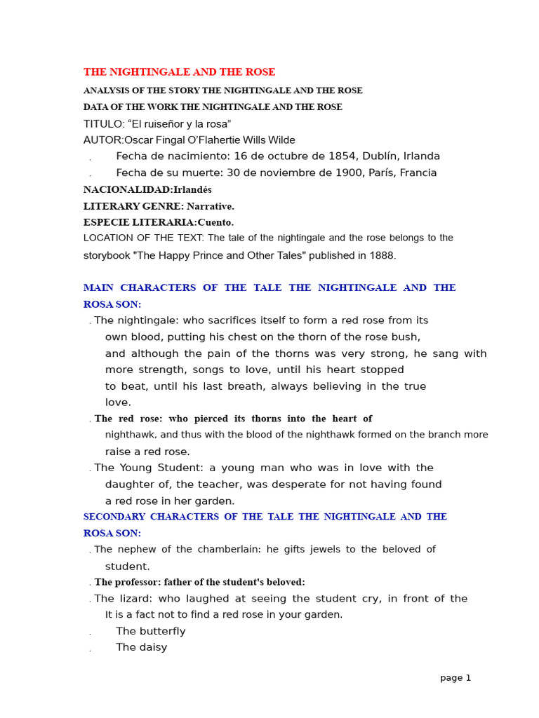 Nightingale and Rose Story Analysis | PDF | The Happy Prince And Other ...