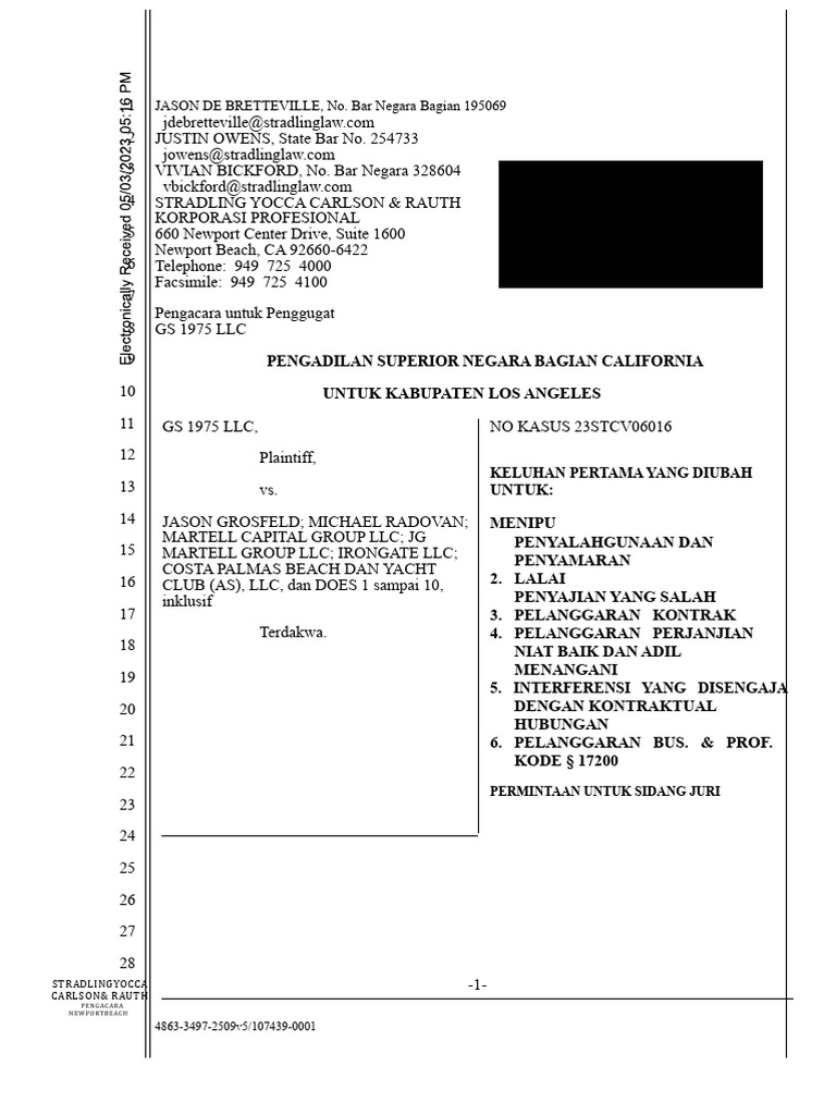 Gugatan Penipuan GS 1975 LLC di CA | PDF