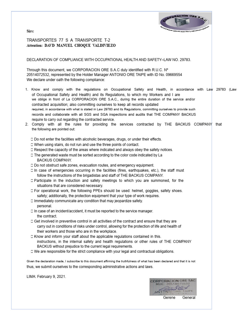 Occupational Health Compliance Declaration | PDF | Safety | Regulatory ...