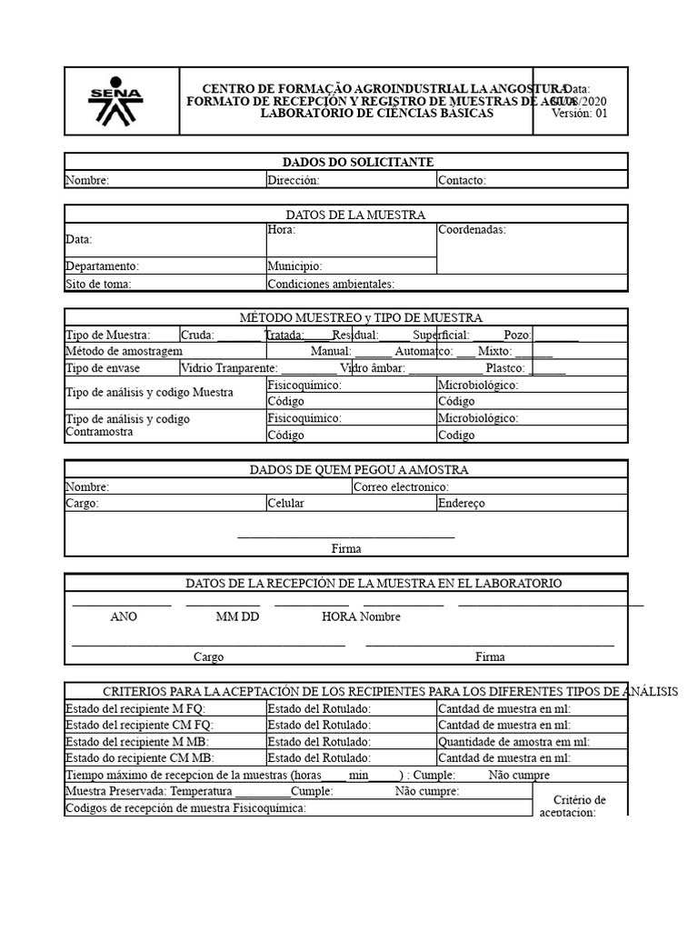Formato de Recepción de Muestras de Agua | PDF | Química Física | Química
