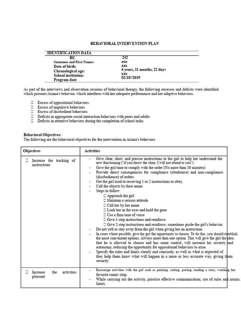 Behavioral Intervention Plan Model For Children | PDF | Attention ...